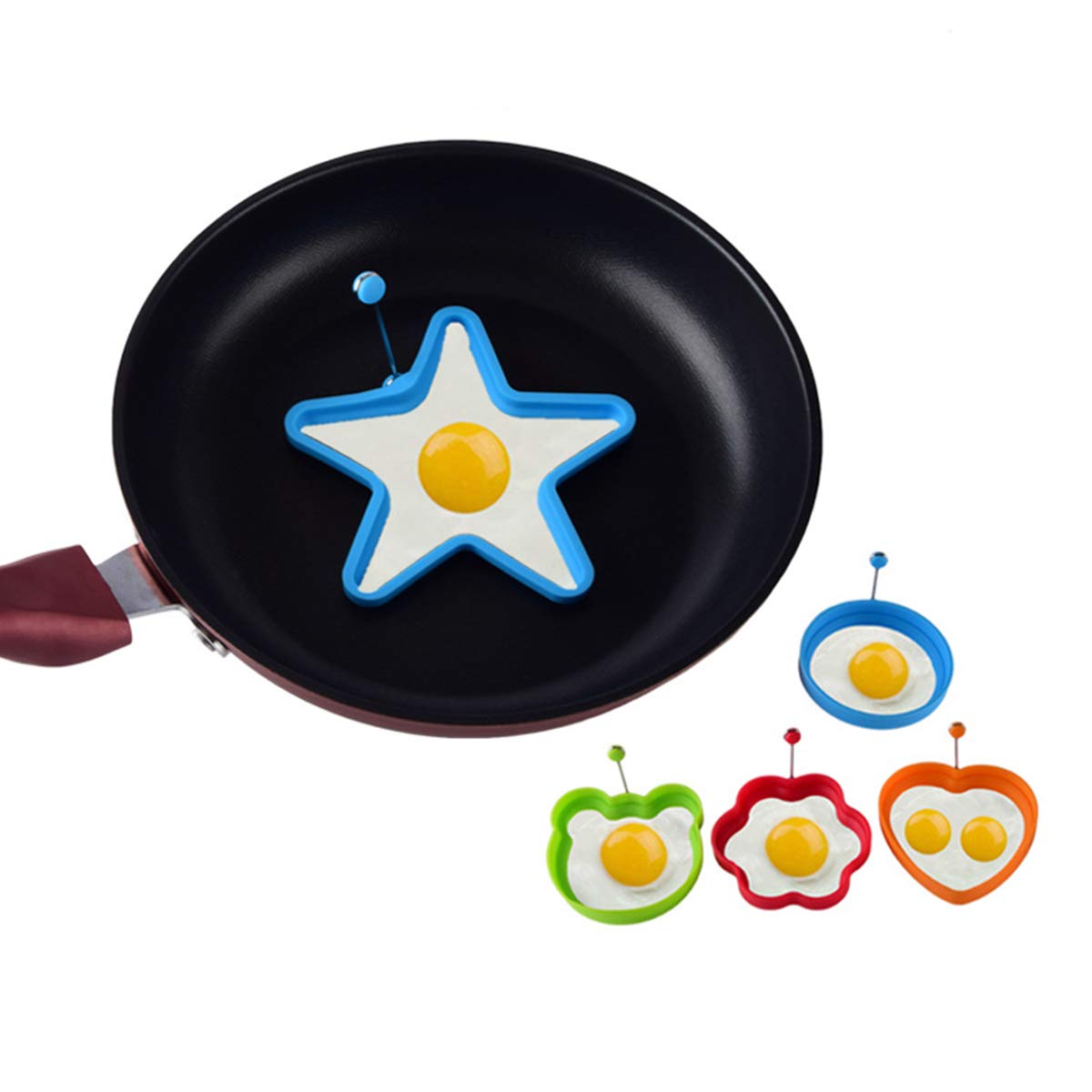 Egg Ring- Fried Egg Mold, 5pcs Different Shapes Stainless Steel Egg Poacher, Non Stick Pancake Shaper Mold With Handles (Silicone)