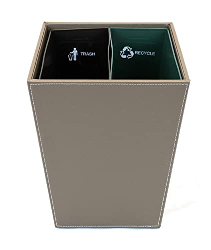 Hospitality Source Leatherette Recycle Waste Bin with Dual Liners for Home or Office. 14.5 Quart Capacity. (Brown)