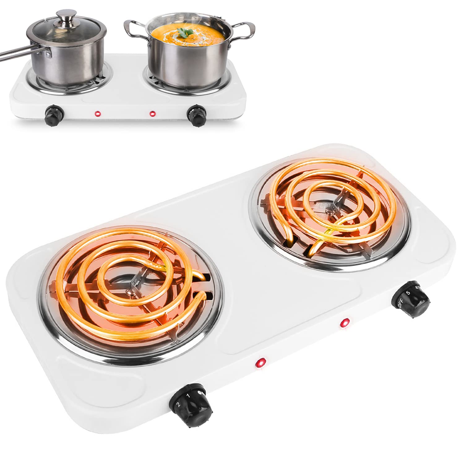 Hot Plate, 2000W Portable Electric Double Coil Burner with Dual Control & 5 Level Temperature Control, Easy to Clean, Lightweight Stainless Steel Countertop Stove for Kitchen Dorm Camping,110V