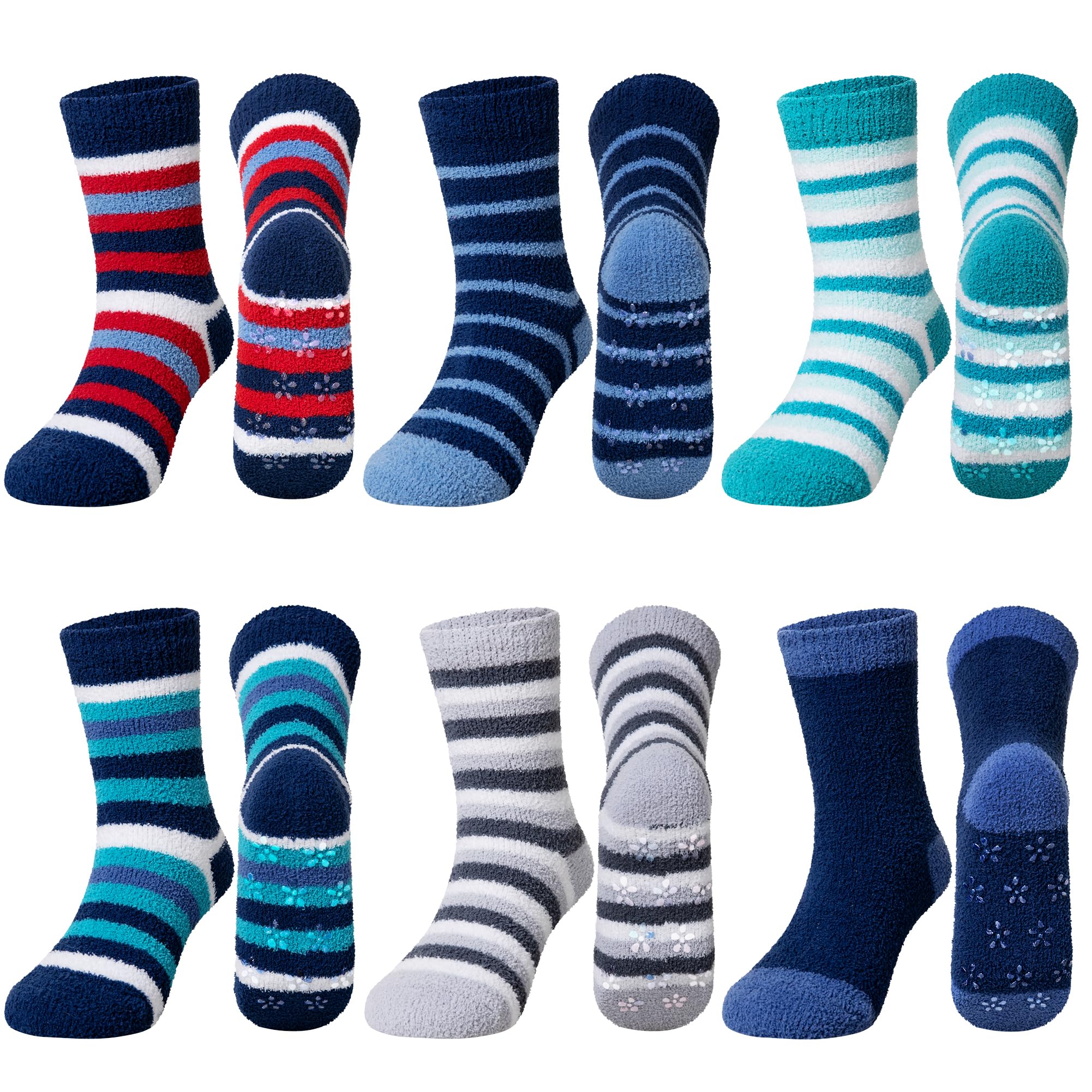 Kids Fuzzy Slipper Grip Socks Boys Girls Non Slip Winter Thick Fluffy Warm Soft Plush Thermal Crew Socks 6 Pairs (4-7 Years, 6 Pairs Stripe)