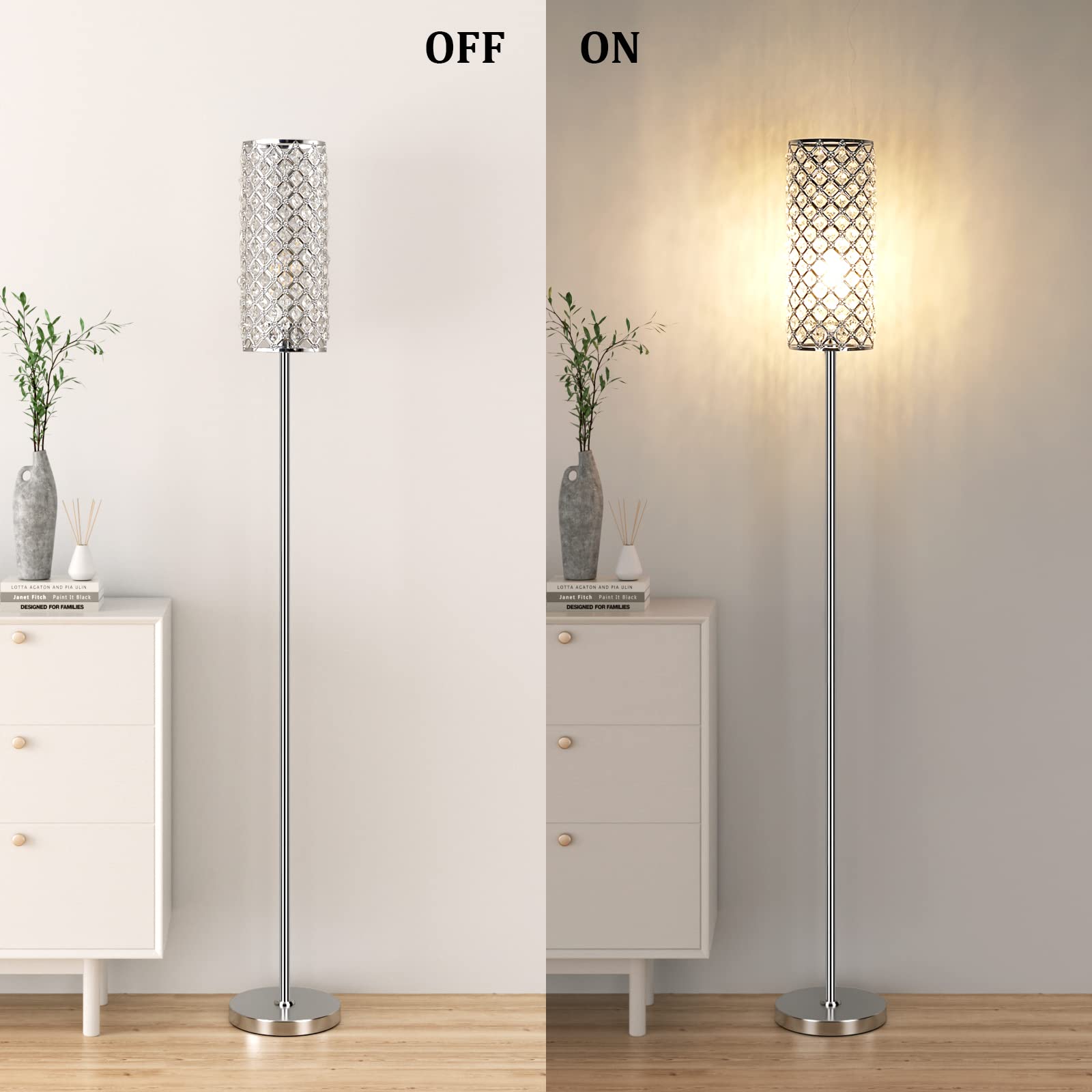 Crystal Floor Lamp with Bulb for Girls Bedroom Silver, Living Room, Modern Tall Glam Minimalism Pole Corner Standing Light for office, Dorm Hotel