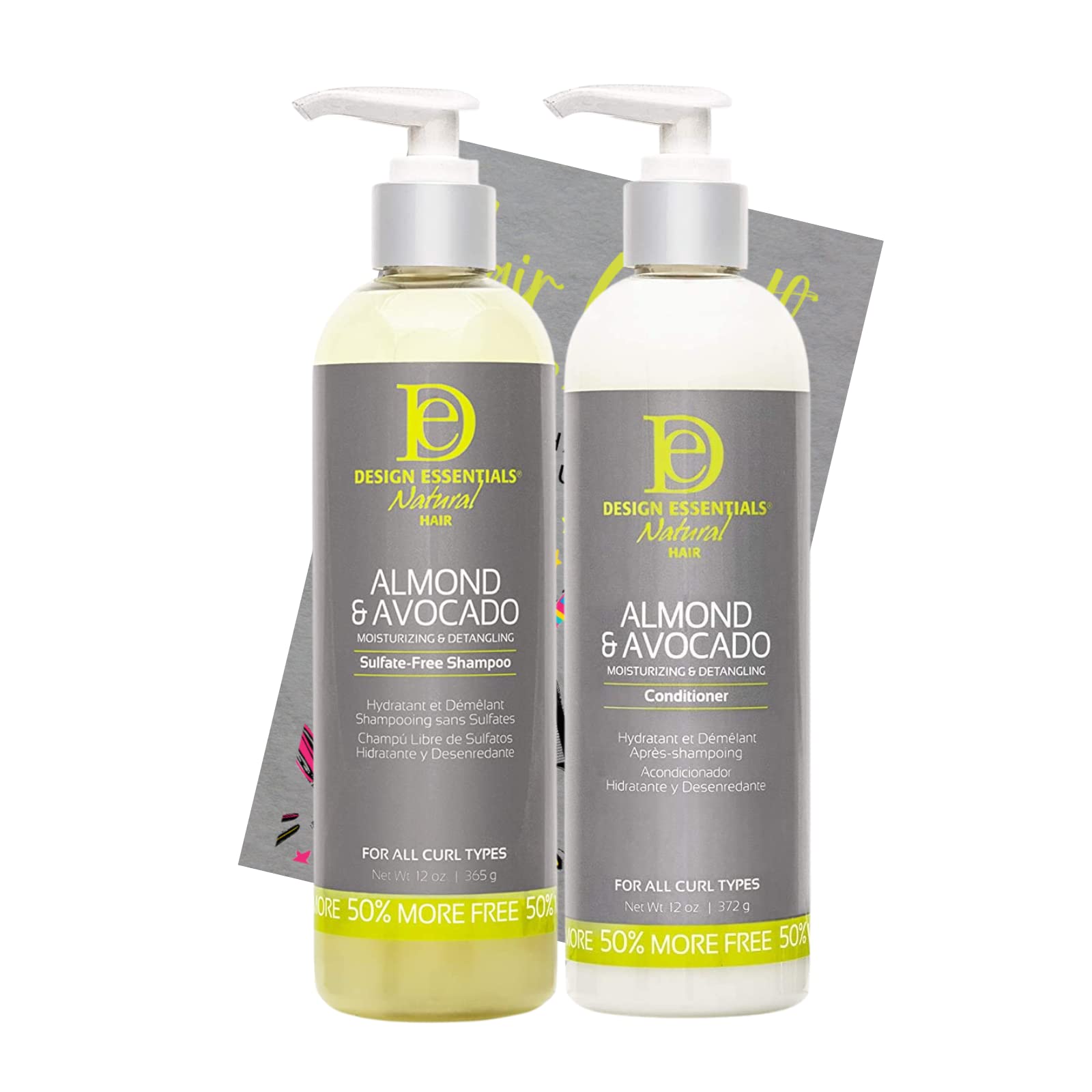 Design Essentials Natural Hair Products Bundle: (1)12oz Each of Design Essentials Almond & Avocado Sulfate-Free Shampoo and Conditioner Plus Soybec Hair Growth Tracker Journal