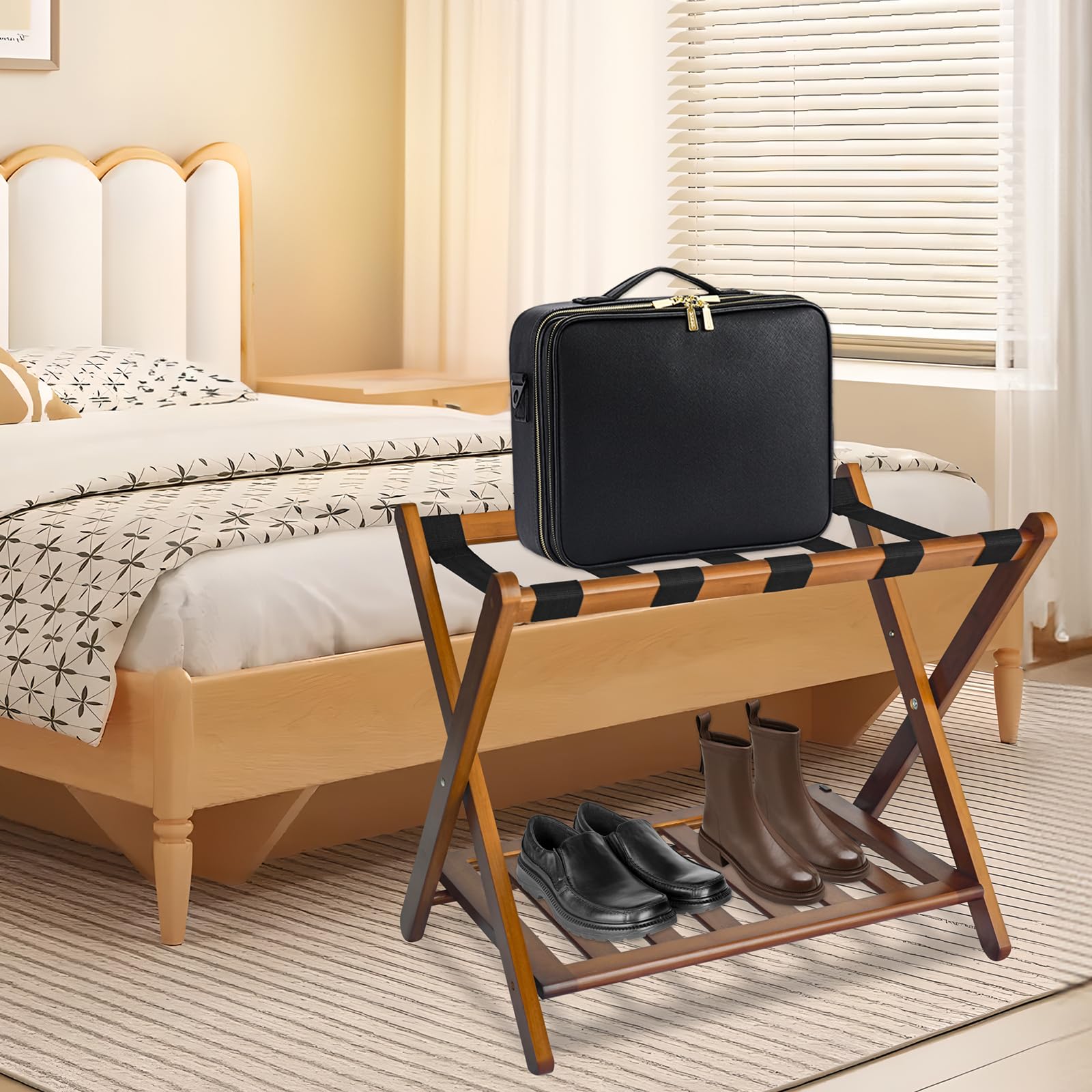 GUANBOM Luggage Rack,Folding Suitcase Stand with Storage Shelf,Luggage Stand for Guest Room Bedroom and Hotel (Brown)