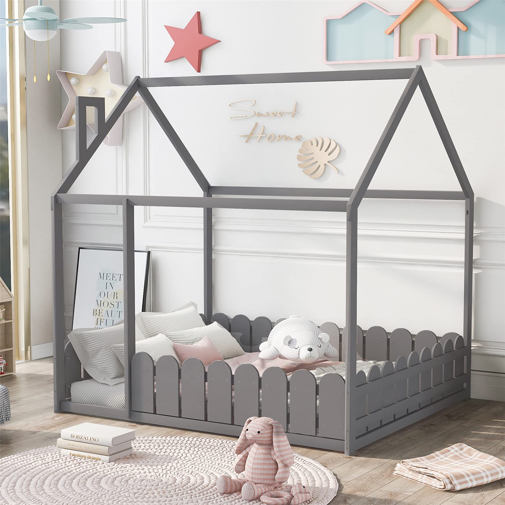 Kids House Beds, Full Floor Bed with Fence Wood Cabin Bed Frame Can be Decorated for Teens, Girls, Boys, Adults, Gray