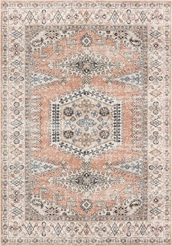 Valenrug Washable Rug 5x7 - Ultra-Thin Antique Collection Area Rug, Stain Resistant Rugs for Living Room Bedroom, Distressed Persian Boho Rug(Peach/Yellowish, 5'x7')