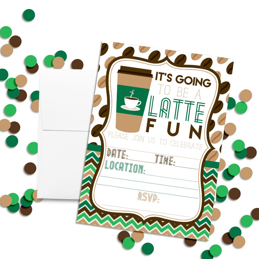 Latte Fun Green and Brown Coffee Birthday Party Invitations, 20 5x7 Fill In Cards with Twenty White Envelopes by AmandaCreation