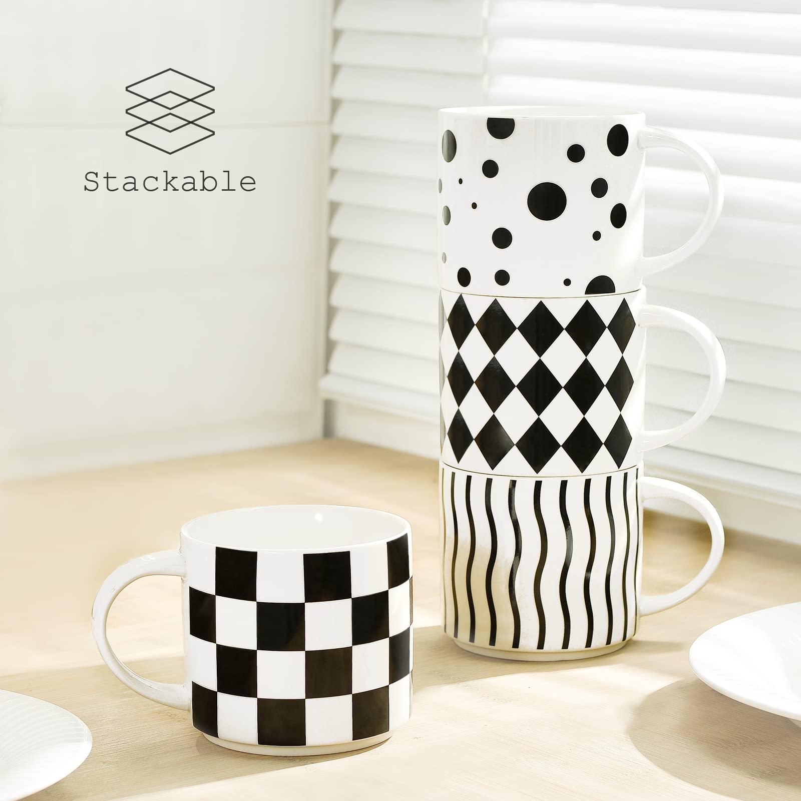 E-liu 14oz Ceramic Coffee Mug Set - 4 Patterns, Durable, Easy to Clean, Microwave & Dishwasher Safe, Perfect for Coffee, Tea, Hot Chocolate - Gift for Birthdays, Housewarming