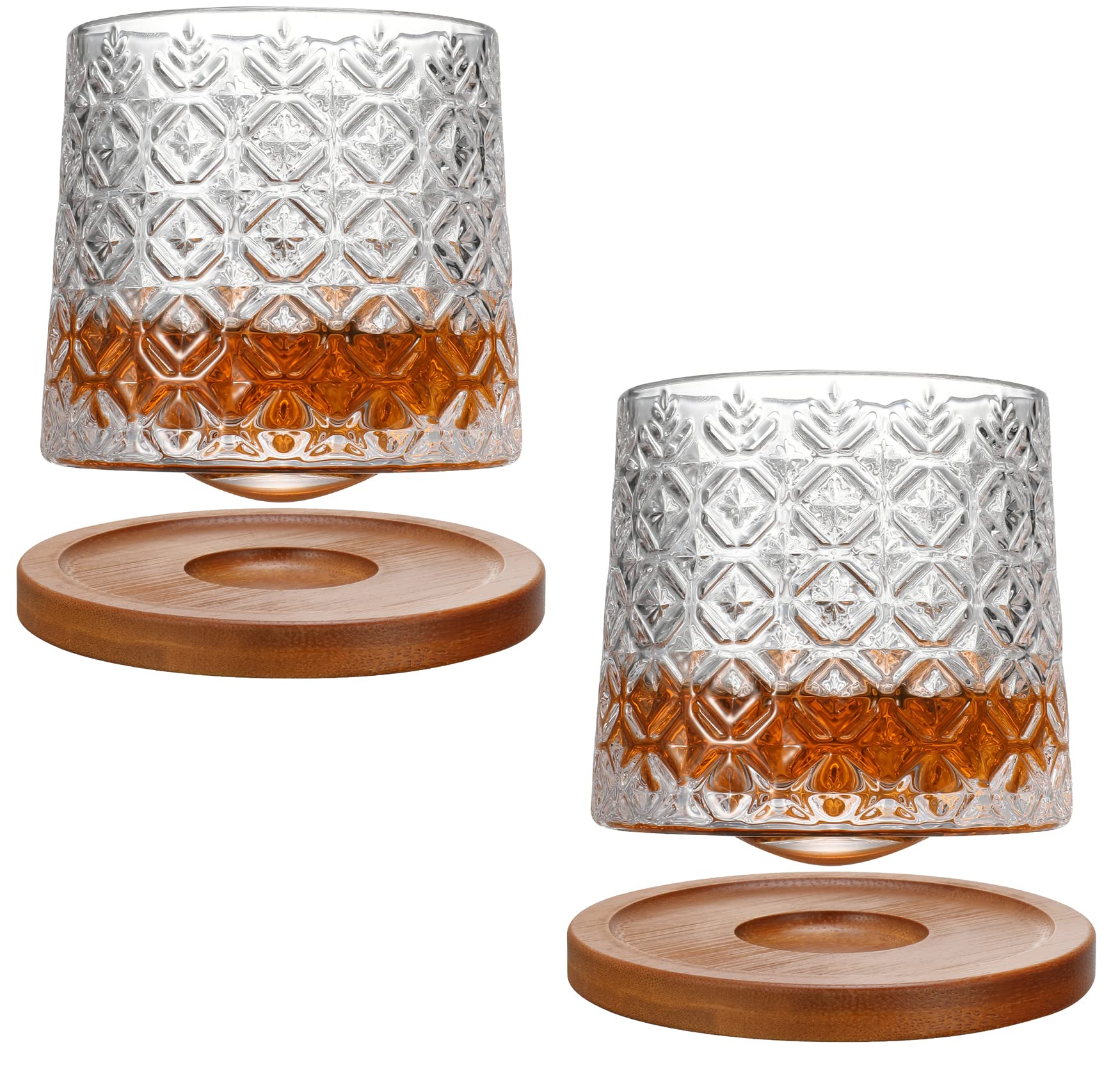 Crystal Whiskey glasses set of 2,Rotatable -10 Oz old fashioned whiskey glasses,bar whiskey glasses,style glassware for bourbon,perfect Idea for scotch lovers,glasses for scotch, rum,Ice flower