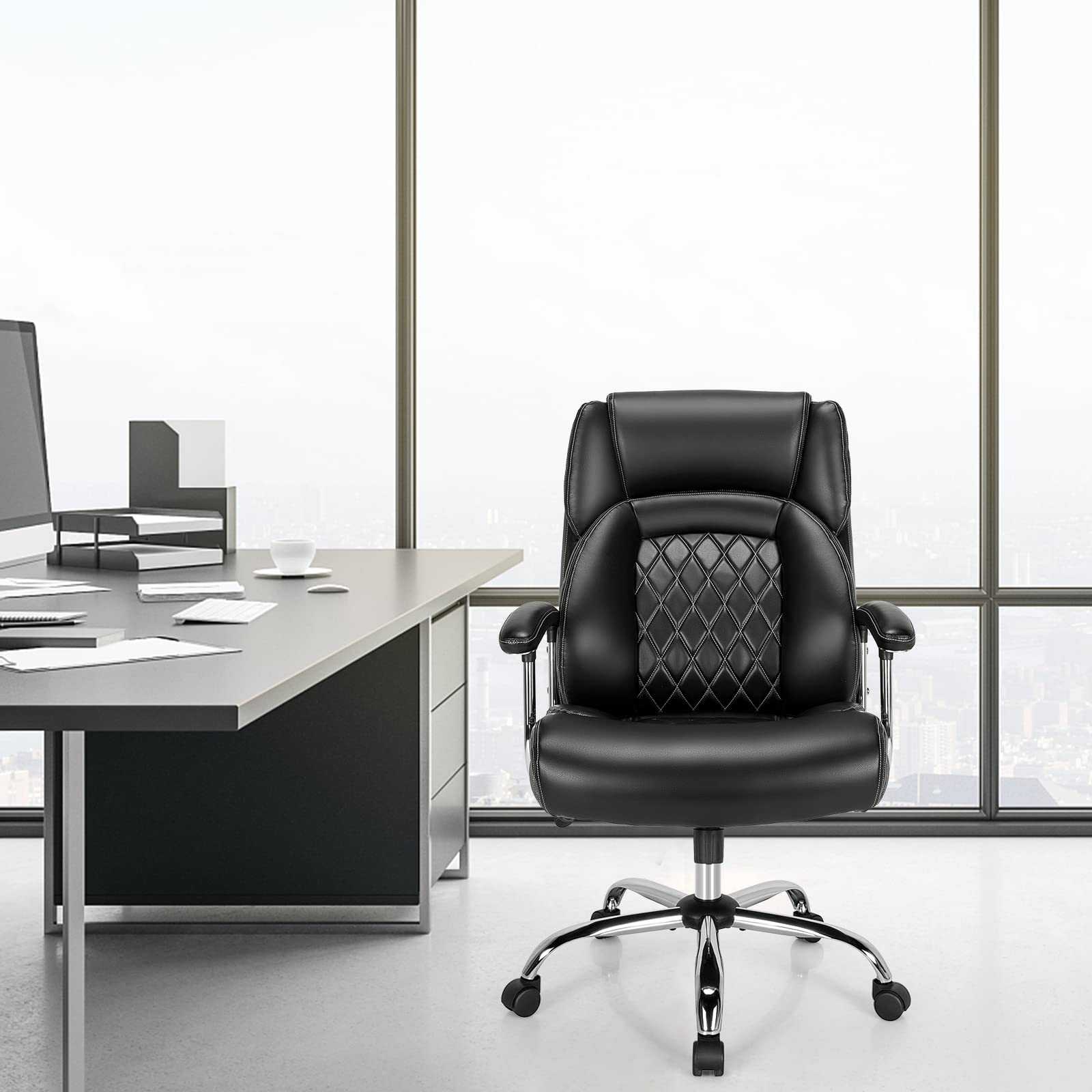Giantex 500LBS Big and Tall Office Chair, Wide Seat Large Leather Executive Chair w/Heavy Duty Metal Base, Height Adjustable Swivel Computer Task Desk Chair, Padded Armrest, Rocking Backrest (Black)