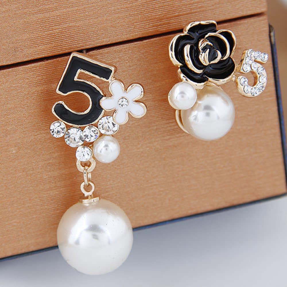 Designer Imitation Pearl Number Five Floral Charm Dangle Drop Earrings Studs