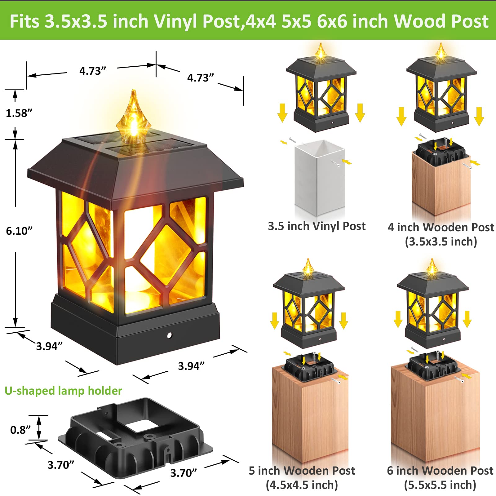 Solar Post Deck Flame Light,Outdoor Dual-Floor Waterproof Solar Post Cap LED Light,4x4 5x5 6x6 3.5X3.5 Fence Post Top Outside Flickering Light Dusk to Dawn for Garden