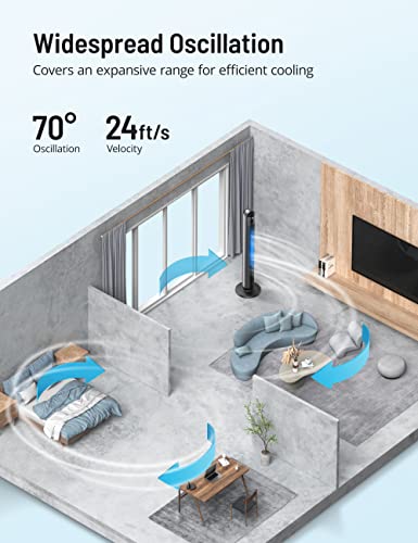 PARIS RHÔNE Tower Fan, 44" Oscillating Standing Tower Fan, 24dB Quiet DC Cooling Fan, 12 Speeds Bladeless Fan with Remote, 24H Timer, LED Display, Portable Floor Fan for Bedroom Home Office