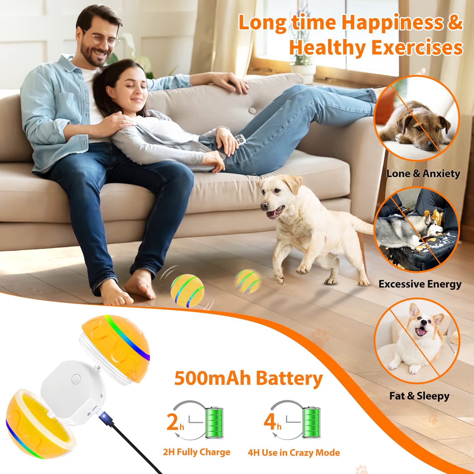 Bysunty Interactive Dog Ball Toy for Medium Small Dogs, Active Rolling Ball with Light-Up & Remote Control, Automatic Puppy Pet Birthday Gift Yellow
