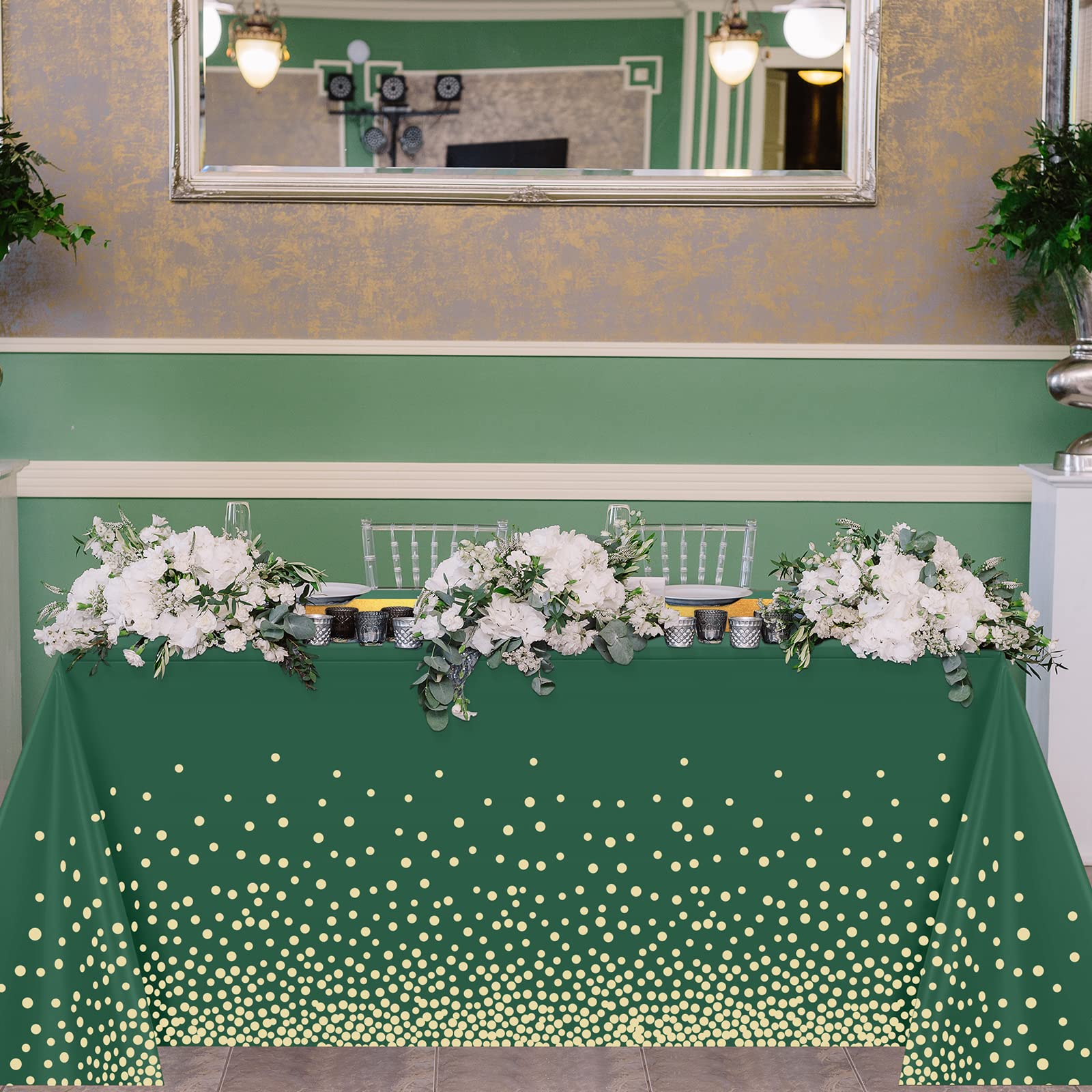 Tudomro Tablecloth and Sequin Table Runner Set 54 x 108 Inch Polka Dots Confetti Table Cover Dining Plastic Table Cloths Glitter Decorations for Birthday Wedding Anniversary Party (Green Gold)