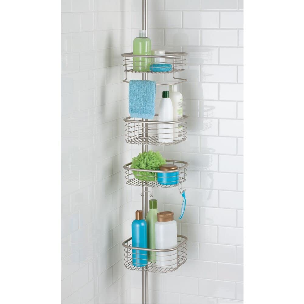 mDesign Bathroom Shower Corner Tension Pole Caddy with Adjustable Height - 4 Positionable Baskets for Organizing Shampoo, Conditioner, Shaving Cream, Soap, Loofah - Omni Collection - Satin