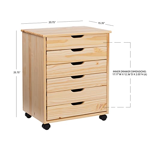 Linon Home Decor Products Corinne Six Drawer Wide, Natural Rolling Cart