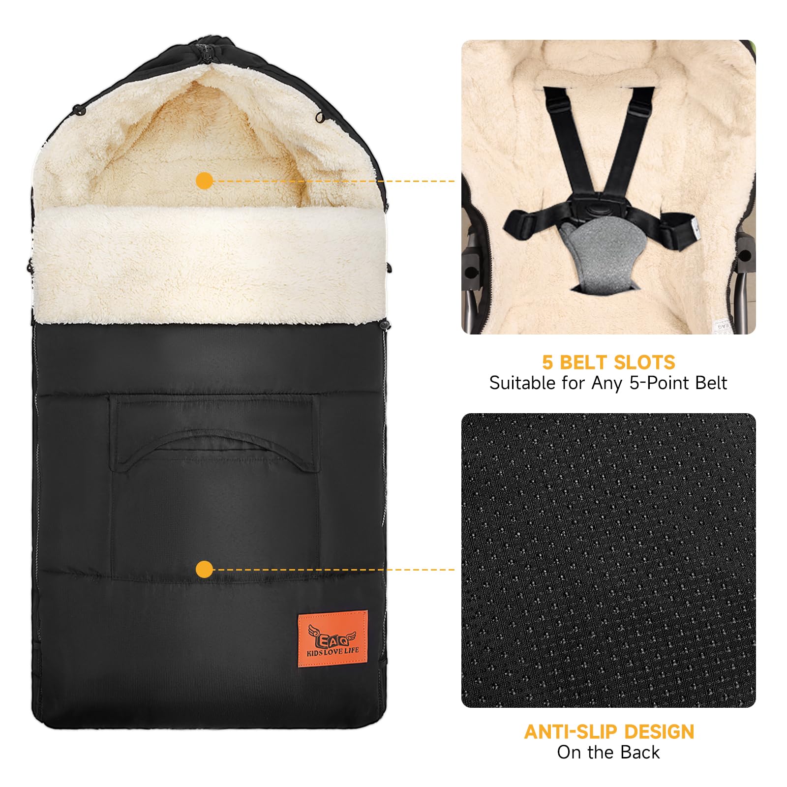 EAQ Universal Winter Warm Baby Stroller Footmuff,Muti Use Bunting Bag, Fleece Lined Washable Outdoor Sleeping Bag for Baby(Black)