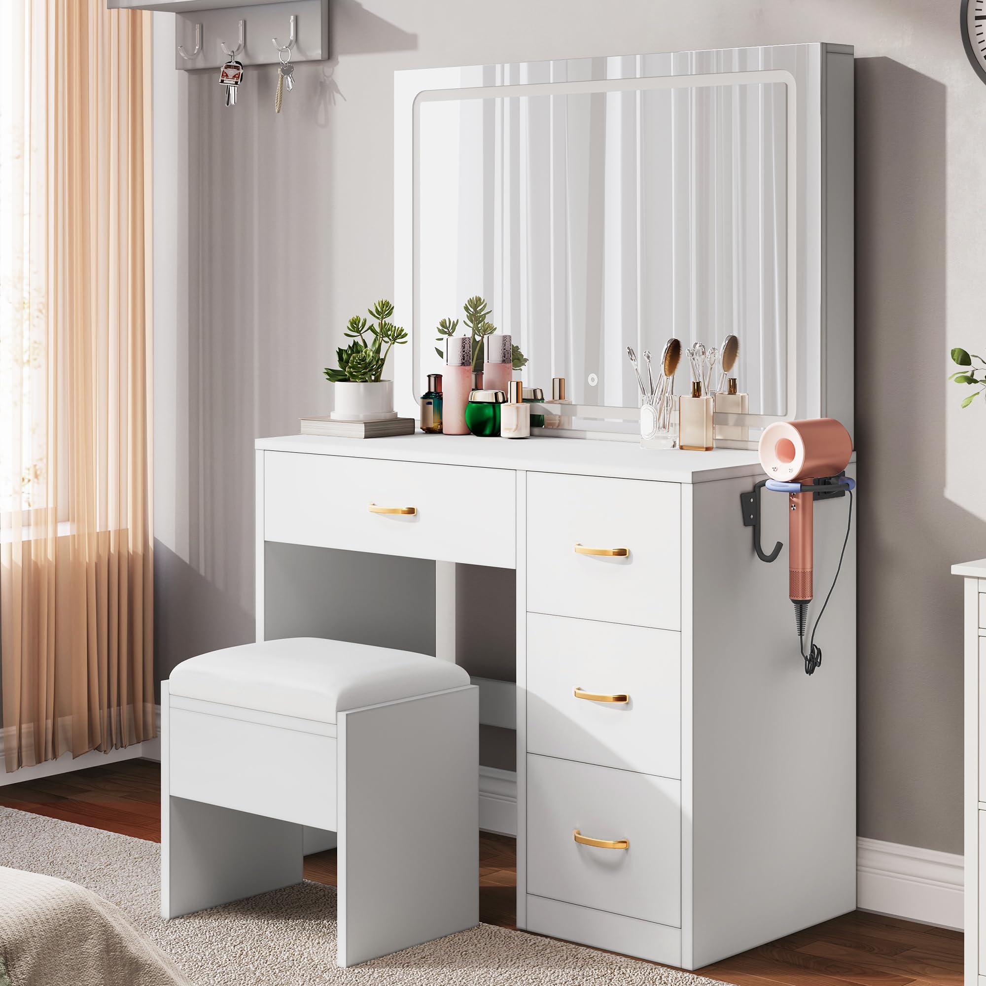 DWVO Makeup Vanity Set with Large LED Mirror, Power Outlet, 3 Adjustable Color Lighting Modes, Modern Vanity Table with 4 Drawers and Cushioned Stool