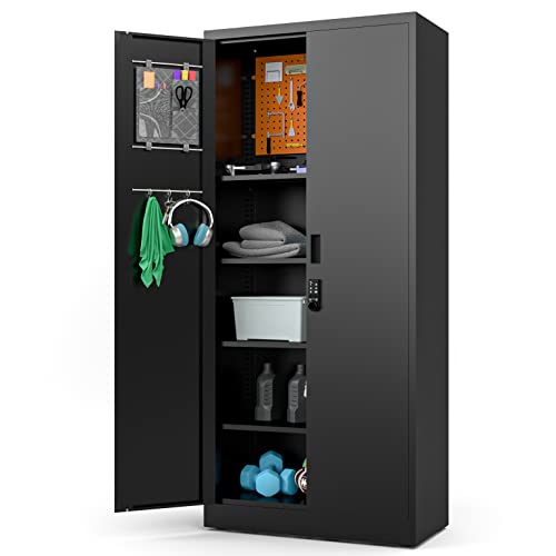 METALTIGER Metal Storage Cabinet - Digital Lock Multifunctional Garage Storage Cabinet with Doors, Adjustable Shelf Height and Leg Levelers, Includes Pegboard and Accessories (Black)