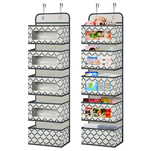 homyfort Over the Door Organizer, Hanging Storage Organizer with 5 Large Pockets & Clear Window for Nursery,Baby Diapers,Bathroom,Closet,Pantry,Dorm,Kids (Beige)
