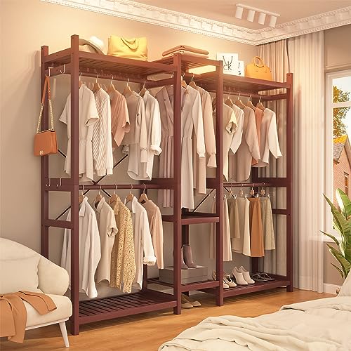 Homykic Bamboo Closet System, Large Clothing Rack Garment Rack for Hanging Clothes, Freestanding Clothes Rack with Shelves and 5 Rods, Stable Open Wardrobe Organizer with 4 Hooks, 70”Wx77”H, Espresso