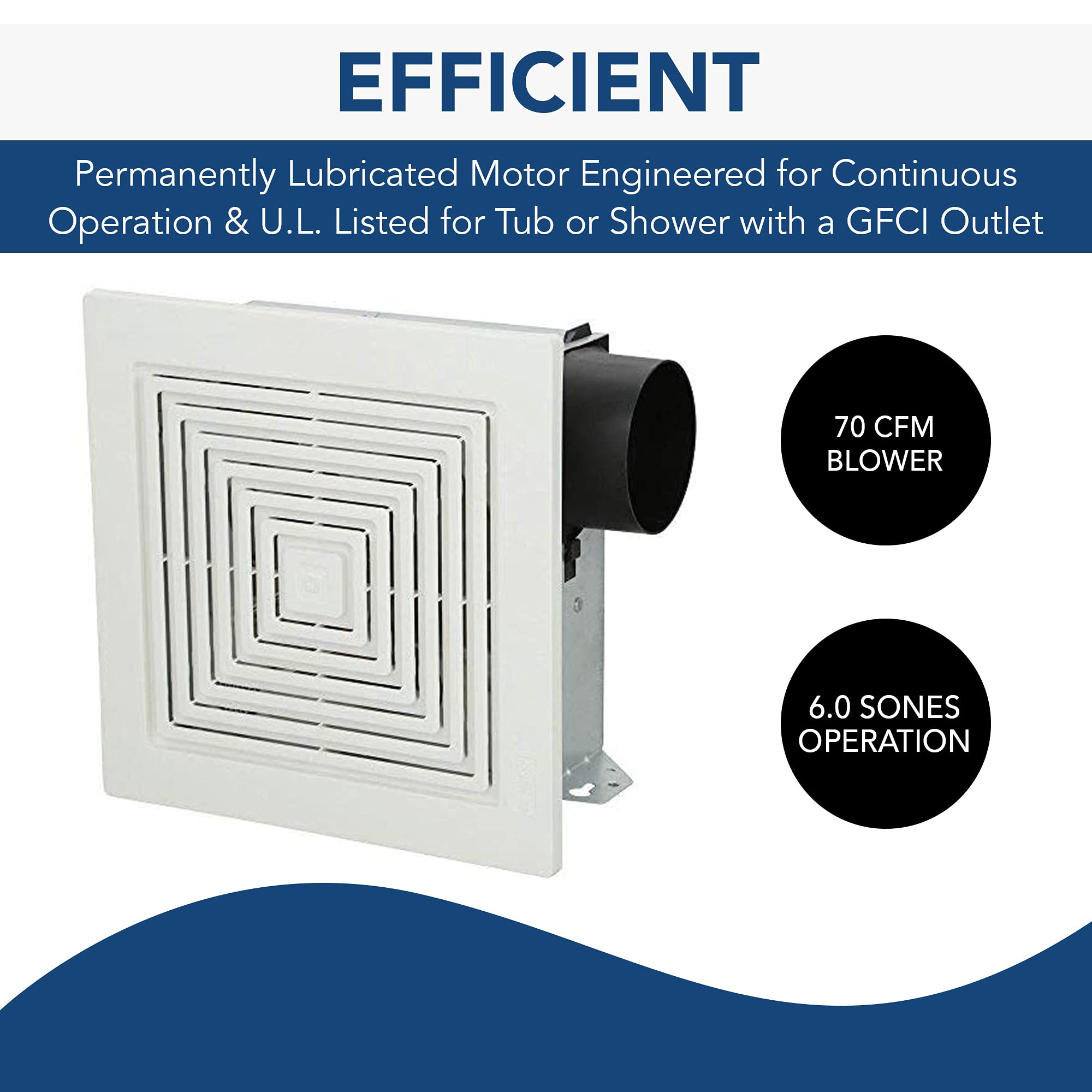 Broan-NuTone 671 Ventilation Fan, White Square Ceiling or Wall-Mount Exhaust Fan, 6.0 Sones, 70 CFM