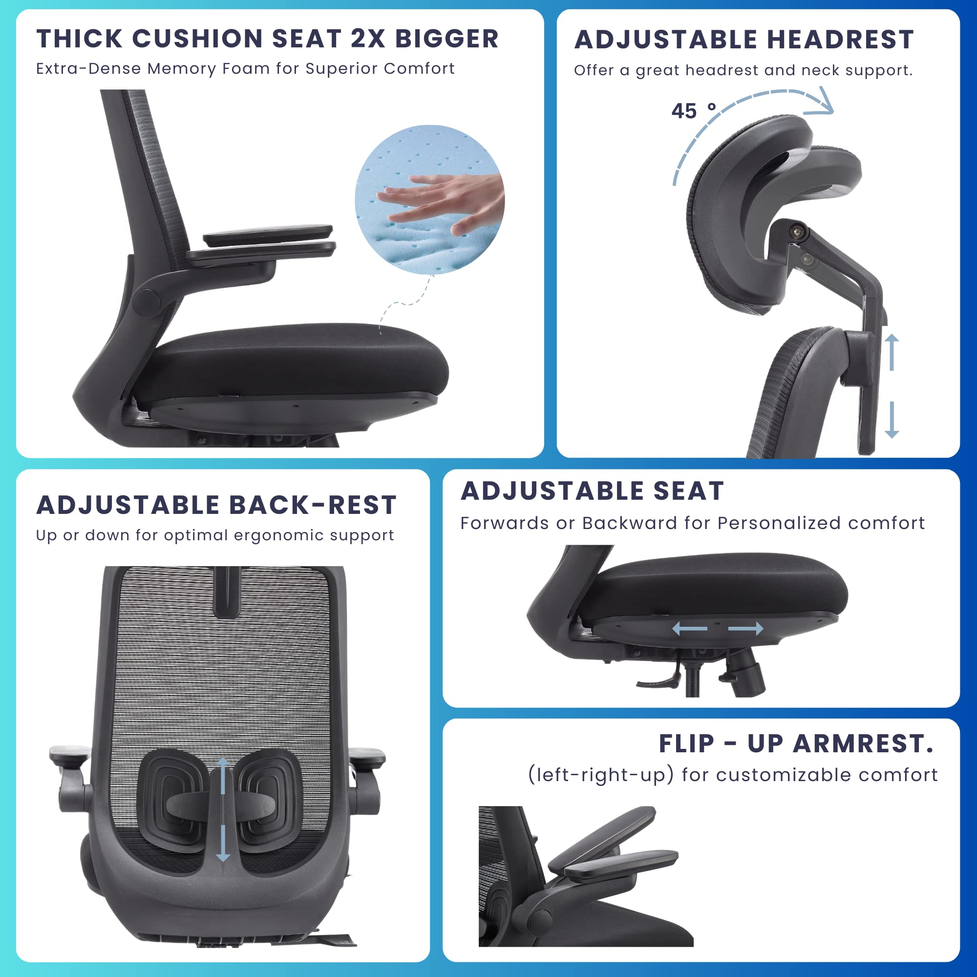 BROBRIYO Ergonomic Office Chair, Thick Cushioned Seat, Home Office Desk Chair with Seat Slider, Adjustable Lumbar Support,Headrest,3D Armrest,Tilt Function, Executive Chair Rolling