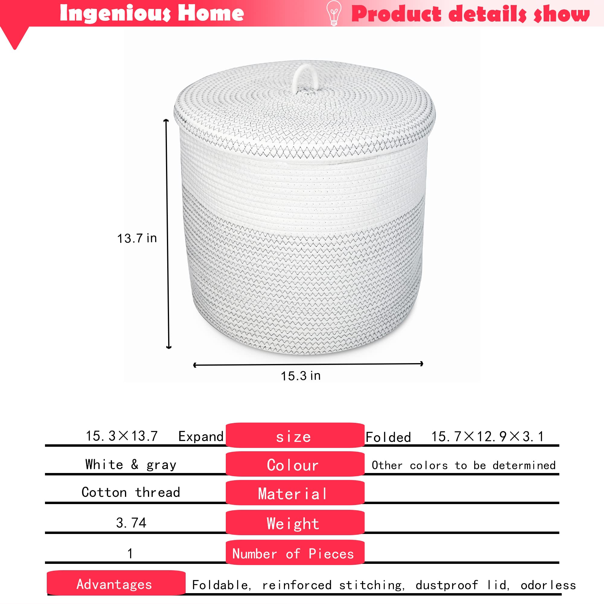 Ingenious Home –basket with lid, woven baskets for storage, nursery hamper with lid, for room living room decorative storage, multi-Purpose lidded basket( Gray line 16D x 14H inch)