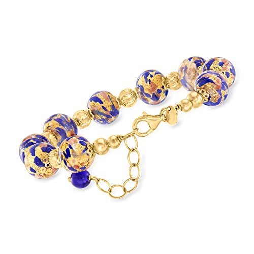 Ross-Simons Italian Blue Murano Glass Bead Bracelet in 18kt Gold Over Sterling. 7 inches
