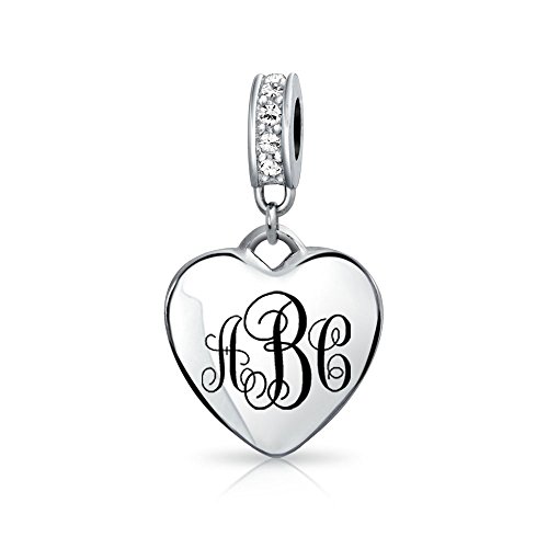 Bling Jewelry Personalized Engravable Initial Monogram Clear Crystal Accent Bale Heart Shape Dangle Bead Charm .925 Sterling Silver For Women Teen European Bracelet Custom Engraved
