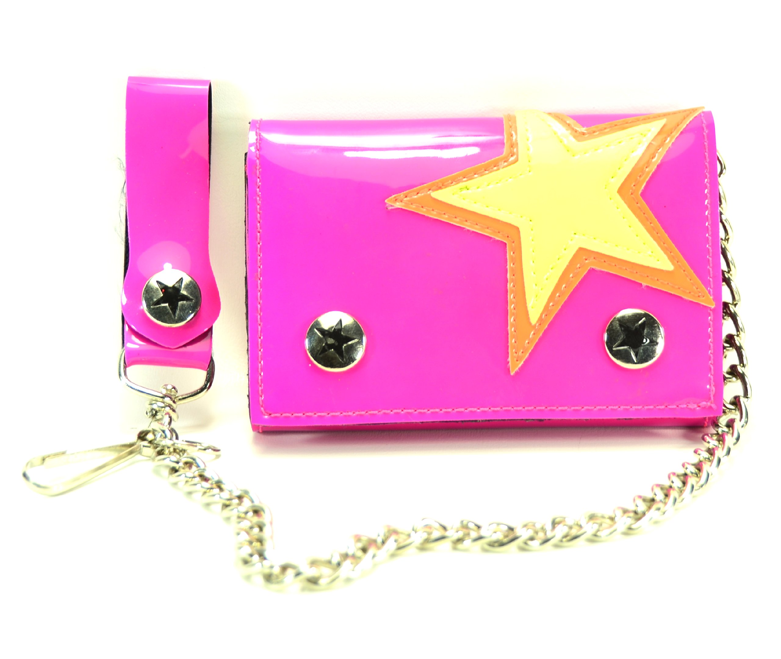 Star Patch Tri-fold Bikers Wallet with 16" Chain Black (Black)