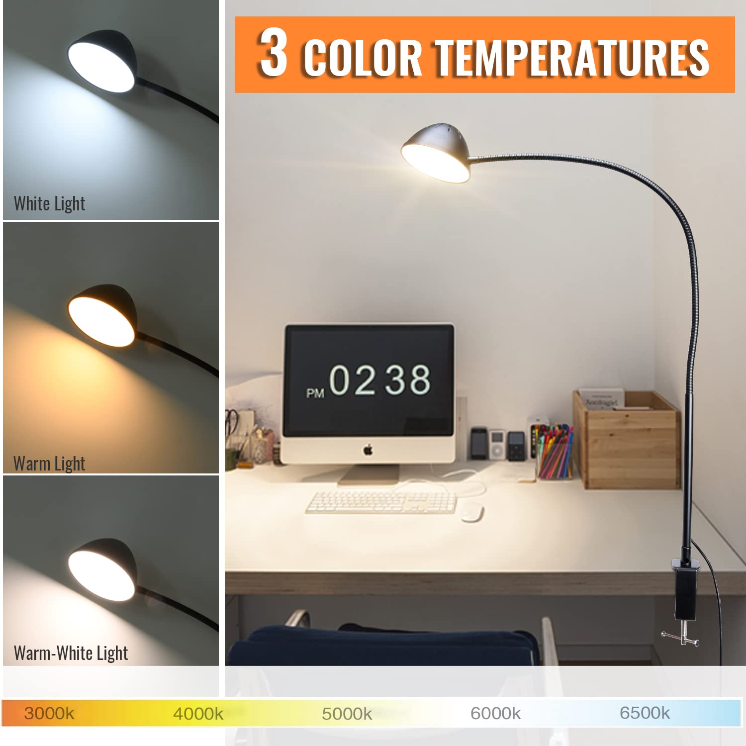CeSunlight Clamp Lamp, Clip on Lamp, Desk Lamp with Clamp, 12W, 1300 LMS, 3 Color Modes, 10 Brightness Levels, 30 Inches Long Gooseneck Light, Perfect for Sewing, Reading, Home, Office