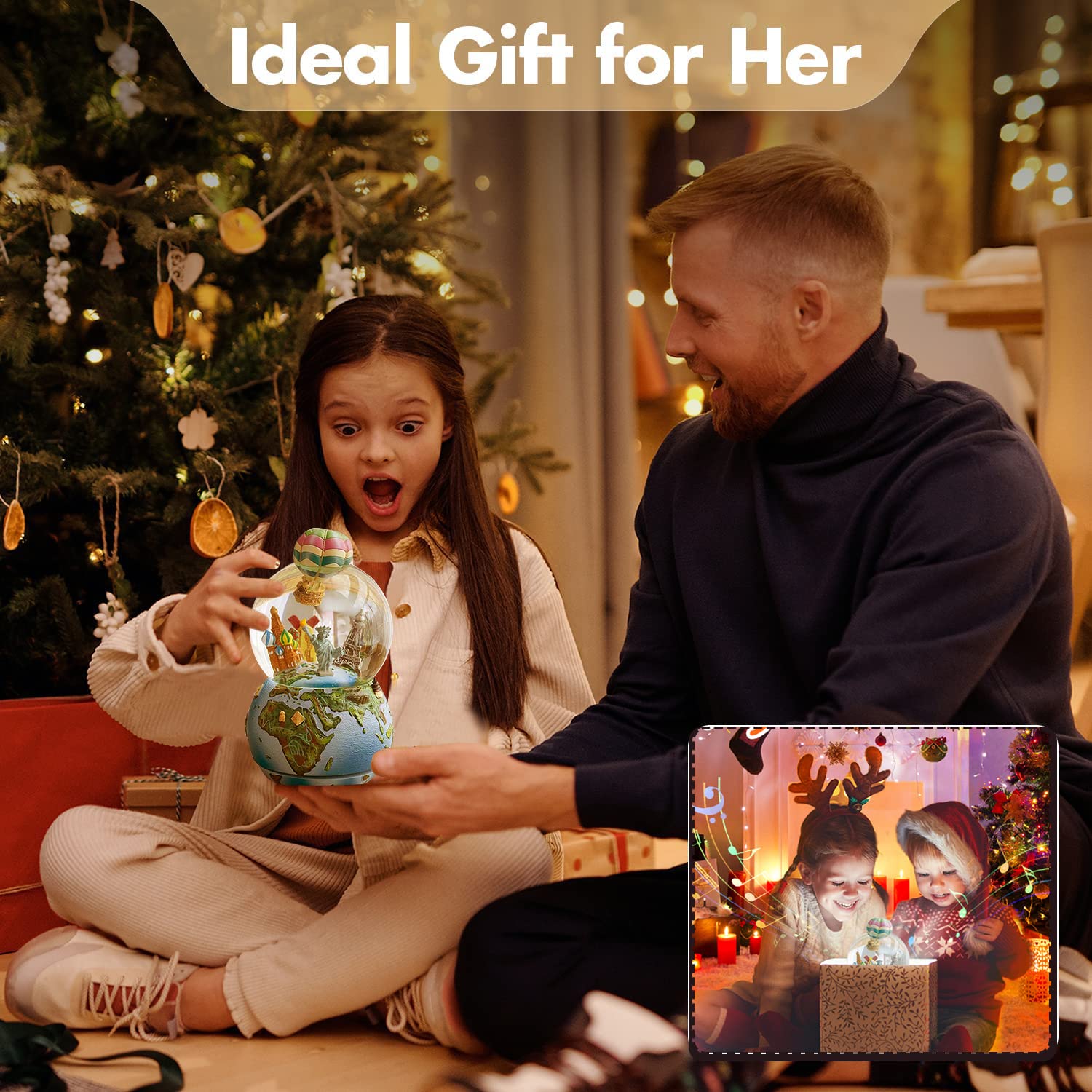 Snow Globe Valentine's Day with Music for Kids Boys Girls Women Adults Unique Gift 3D Hot Air Balloon Snowglobes Around The World Travel Rotating Christmas Music Box Decorations