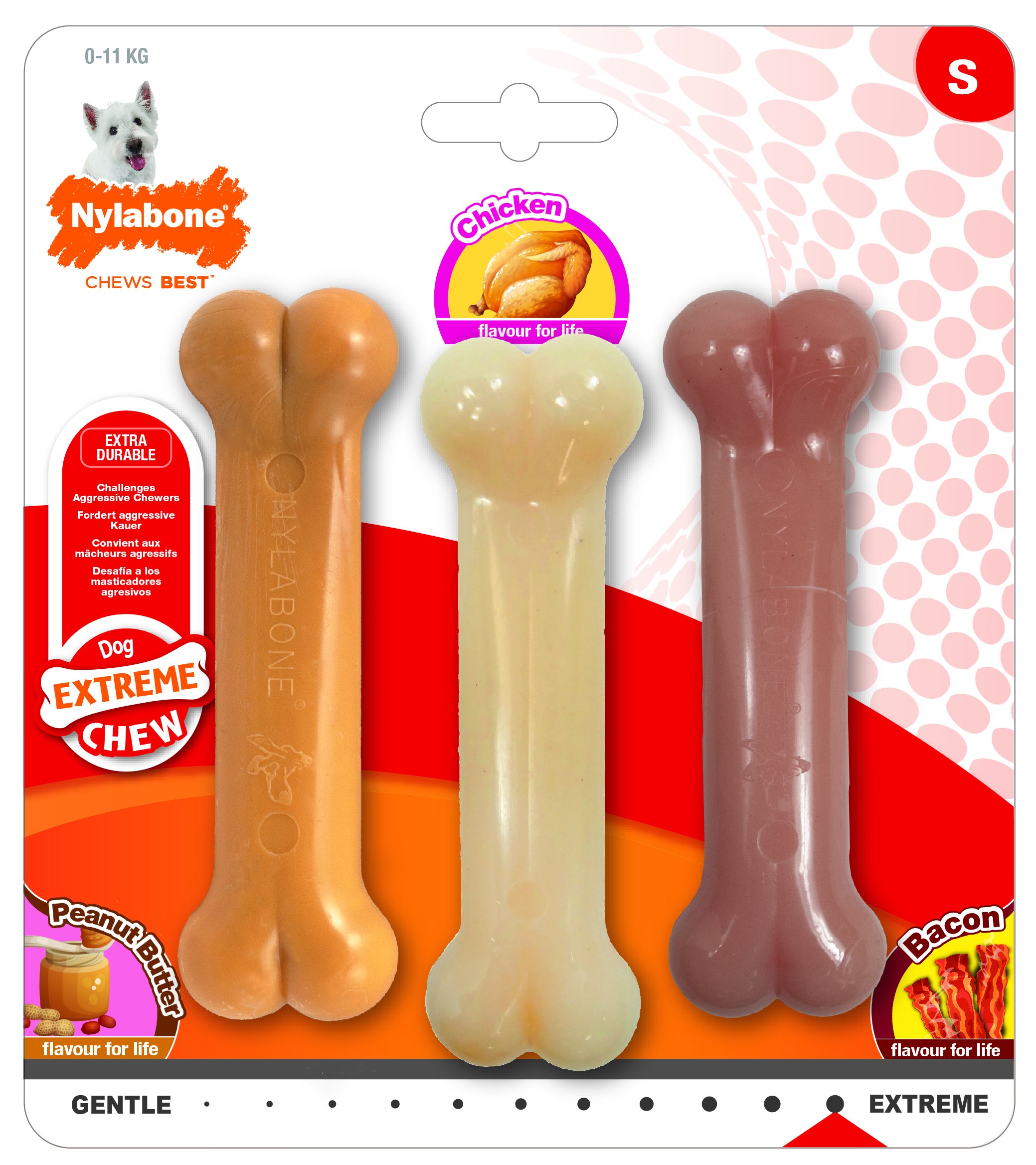 Nylabone Extreme Tough Dog Chew Toy Bones, Peanut Butter, Chicken, Bacon Flavoured, 3-Piece, Small, for Dogs Up to 11 kg