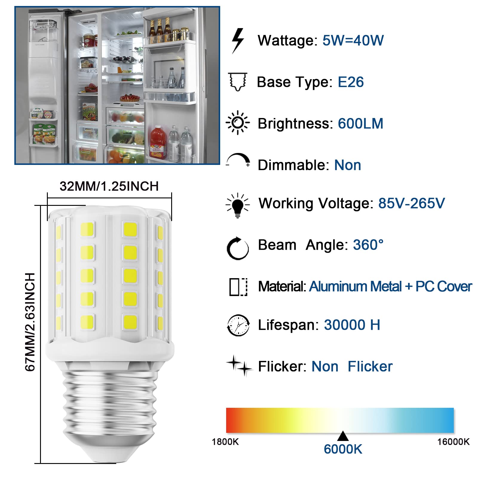 DKJWDK LED Refrigerator Light Bulb 5W 40 Watt Equivalent Freezer Light Bulbs E26 Base Fridge Light Bulb Energy Saving A15 Appliance Bulbs 120V Daylight White 6000K 600LM, 2 Pack