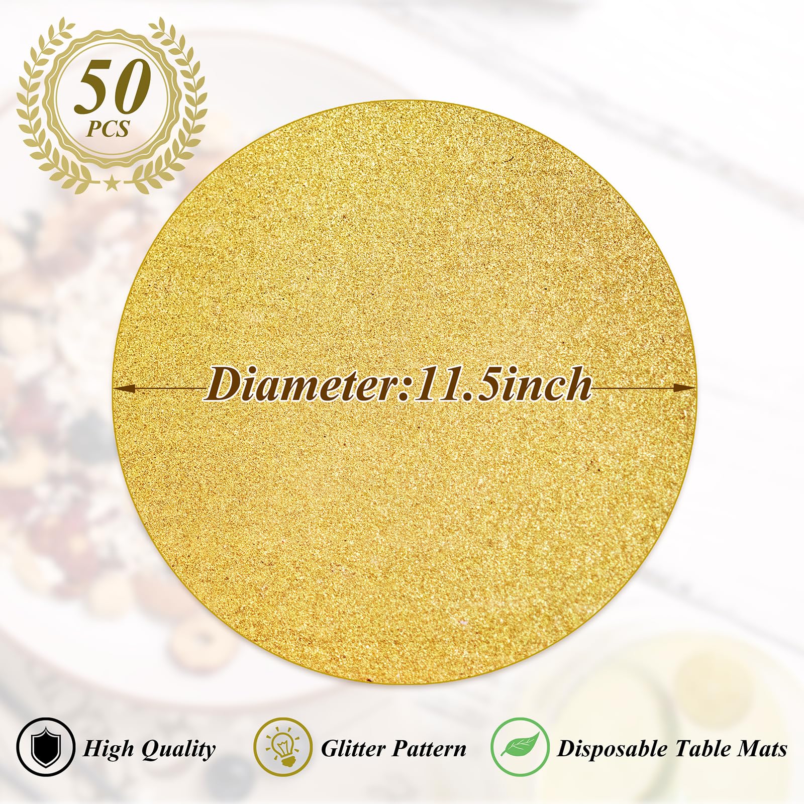 Datyiiha 50 Pieces Gold Glitter Paper Place Mats Sparkle Round Disposable Table Mats Golden Sequin Doilies Decorative Placemats for Wedding Banquet Party Home Dining Tableware