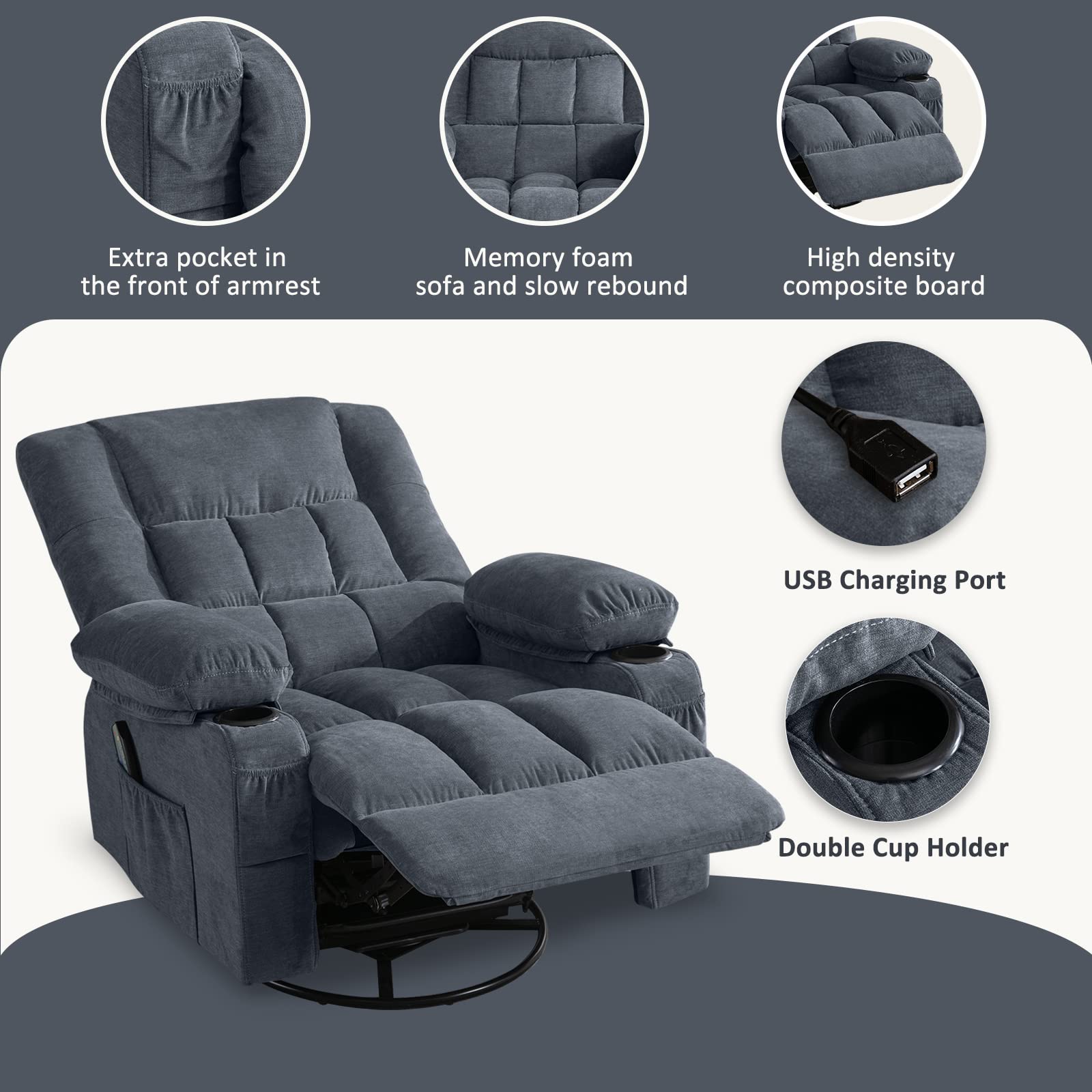 BOSMILLER Massage Swivel Rocker Recliner Chair with Vibration and Heat Ergonomic Lounge for Living Room Rocking Function Side Pocket, 2 Cup Holders, USB Charge Port, Blue
