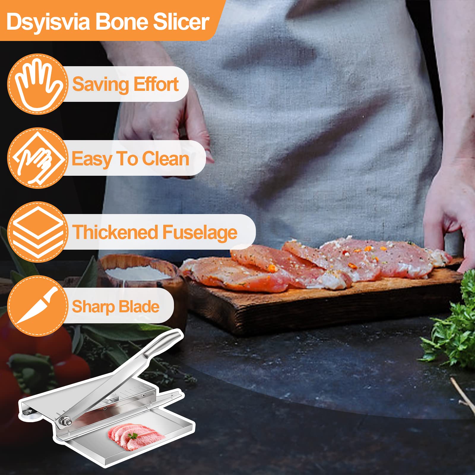 Meat Slicer Bone Cutter 20in,Manual Ribs Chopper for Chicken Fish or Beef,Stainless Steel Frozen Meat Slicer with Food Tray