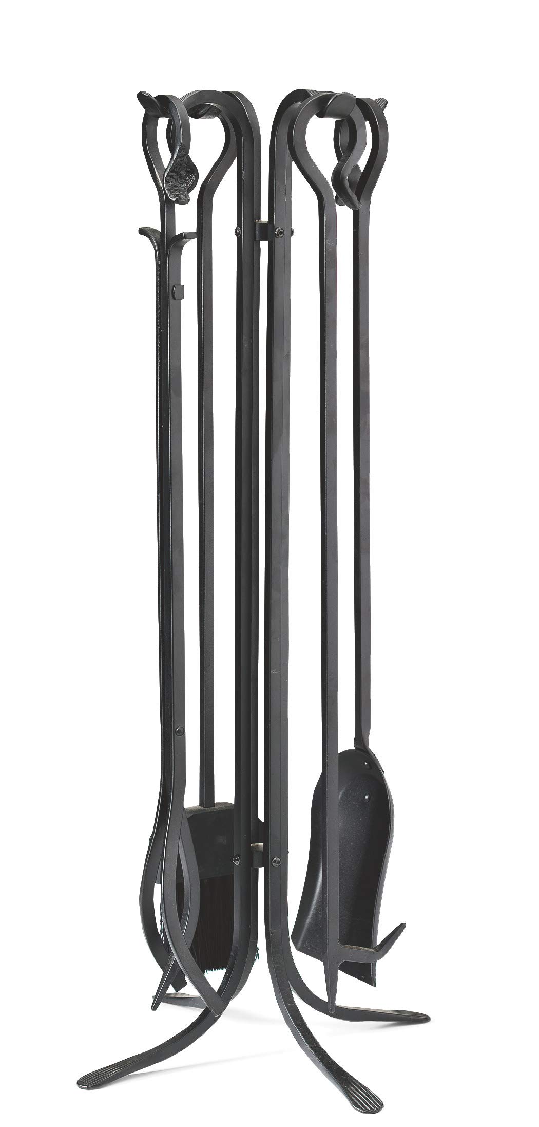 Plow & Hearth 5 Piece Hand Forged Iron Fireplace Tool Set with Poker | Tongs | Shovel | Broom | and Stand 7-in Diam. x 27.5 H Black