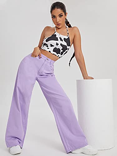 MakeMeChic Women's Casual High Waist Jeans Wide Leg Denim Pants Purple M