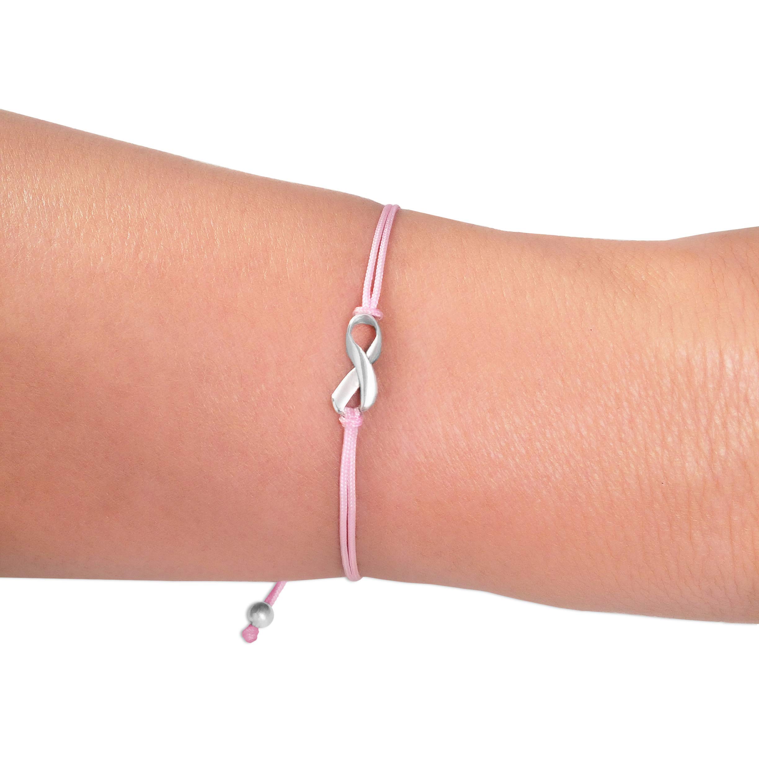Claudia Lira Joyas Pink Breast Cancer Awareness Thread Friendship Support Bracelet, Small Handmade Sterling Silver Ribbon Shaped Charm, Adjustable Cord