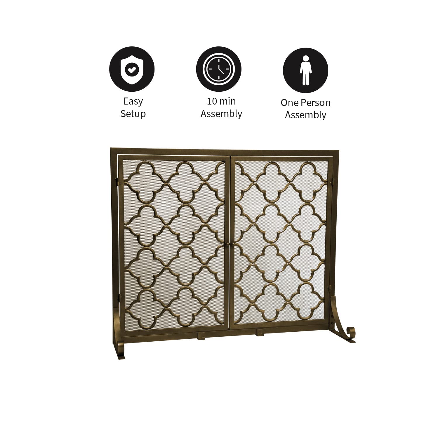 Plow & Hearth Metal Fireplace Screen Geometric Bronze | 44" W x 33" H | 2 - Door | Spark Guard Indoor Grate | Iron Fire Place Cover | Wood Burning Stove Decorative Accessories