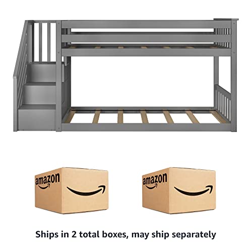 Max & Lily Low Bunk Bed, Twin-Over-Twin Bed Frame For Kids With Stairs, Grey