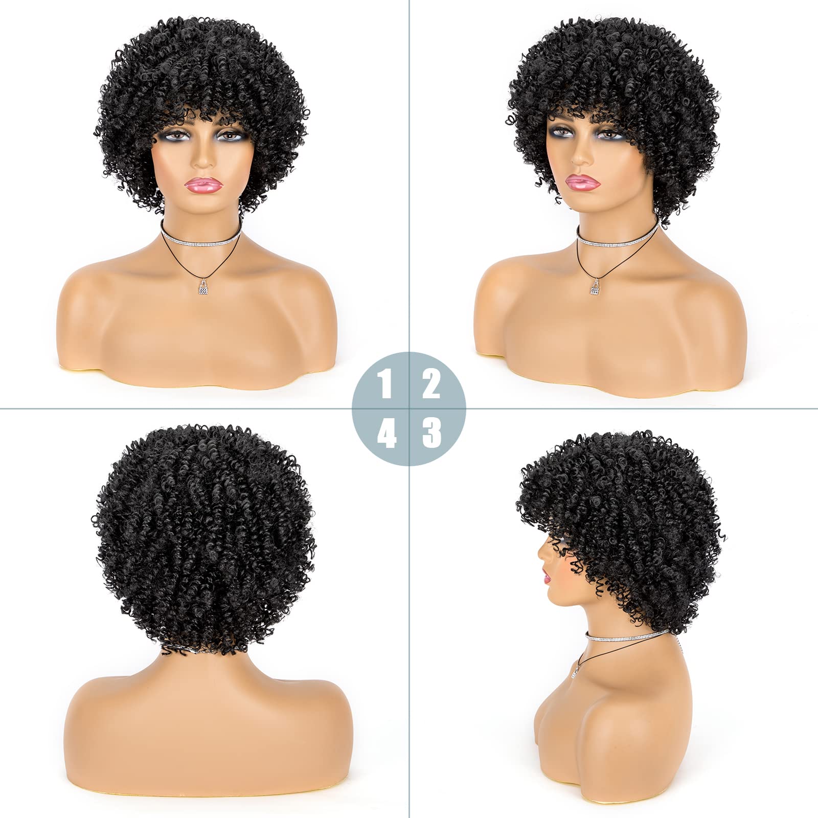 Flvaco Short Curly Wig Synthetic Fiber Full Wig with Bangs Afro Curly Wig for Black Women(1B#)