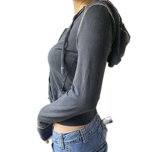 KMBANGI Women Y2K Zip Up Hoodie Casual Vintage Solid Sweatshirt Hoodies Aesthetic Long Sleeve Jacket with Pockets(M-Solid Black,S)