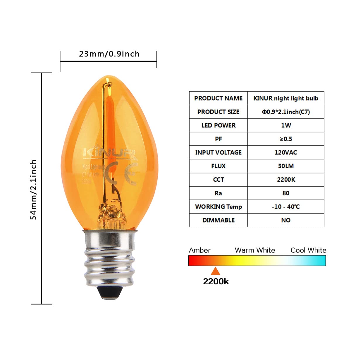 KINUR Night Light Bulbs, C7 LED Bulbs E12 Candelabra Base Amber 2200K, 1 Watt Equivalent 10W Incandescent Bulb, Salt Lamp and Window Candles & Chandeliers Replacement Bulb 6 Pack (6, Amber)