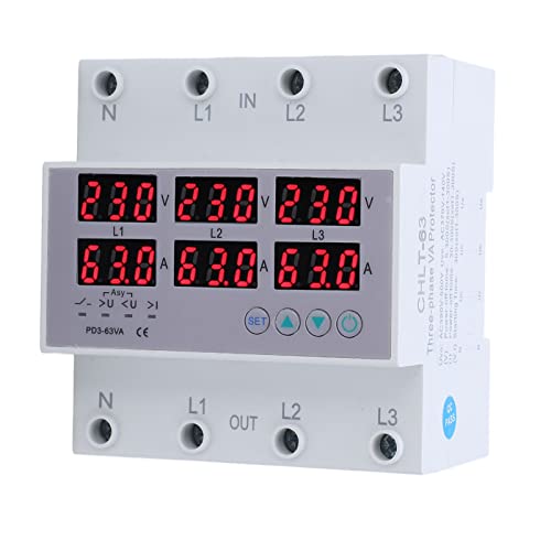 Fewb Digital 3 Phase DIN Rail Voltmeter Ammeter, AC 390ā500V Electricity Usage Monitor Power Meter Voltage Amps Watt Kwh Frequency Power Factor Meter Multimeter Current Power Tester(63A)