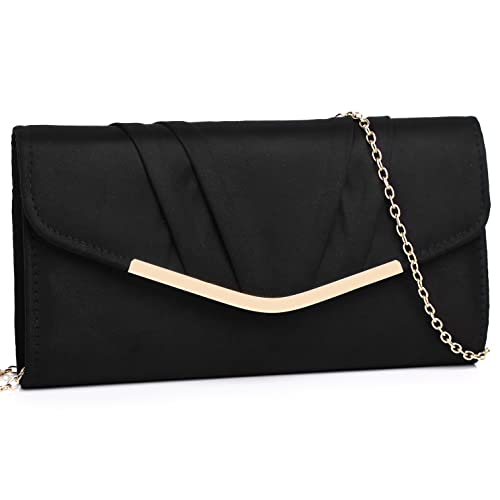 DETARA Women Evening Bag Suede Pleated Clutch Purse Envelope Clutches Wedding Party Bridal Purse (Black)