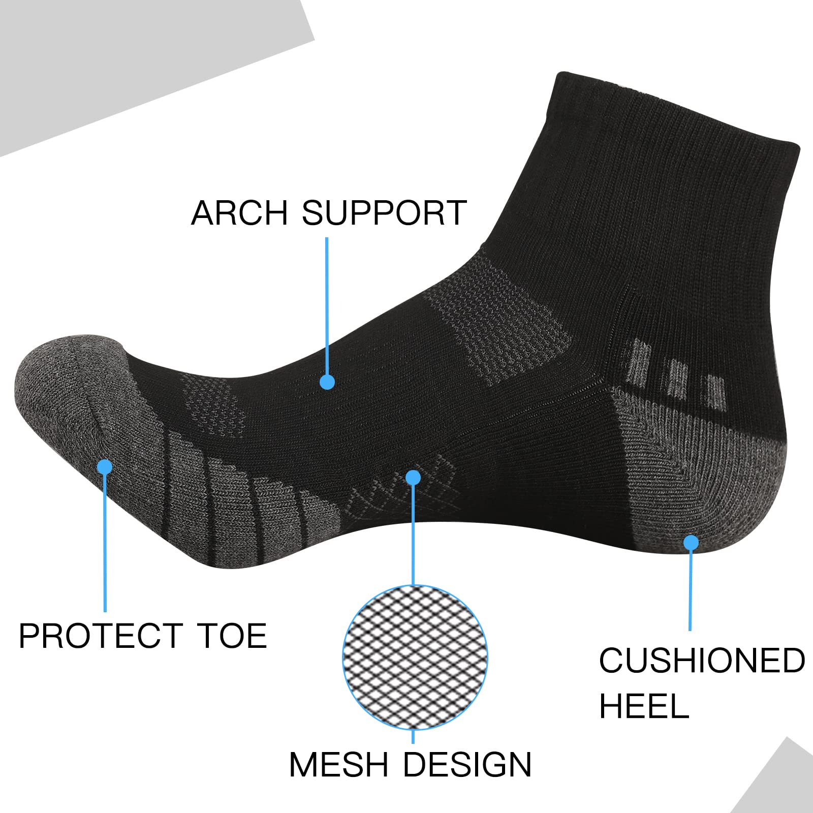 COOVAN Ankle Socks for Men Athletic Running Quarter Socks Cushioned 6 Pairs