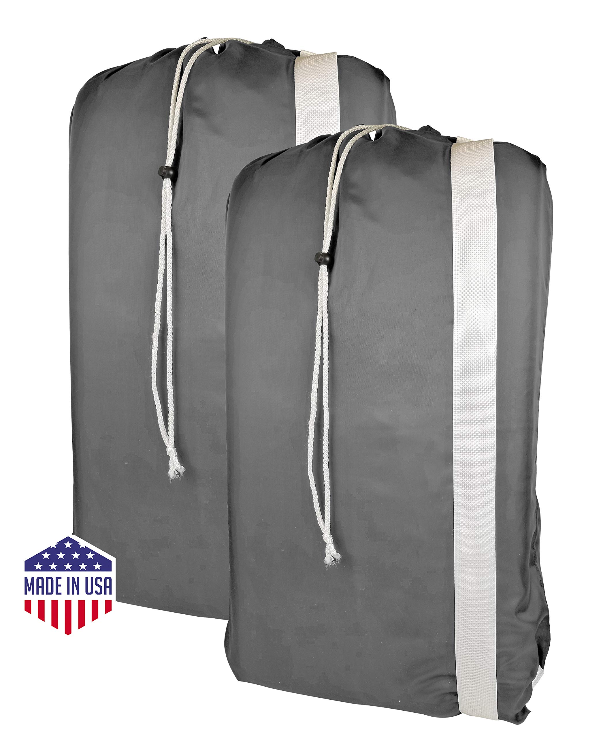 Nylon Laundry Bags, Size: 30" x 40" with Shoulder Strap, Heavy Duty, College, Laundry, Household, Storage. Machine Washable. Made in USA. (Grey, Pack of 2)
